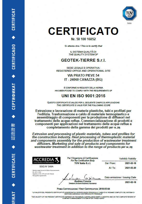 Certificate ISO 9001:2015 from TUV SUD - Geotierre